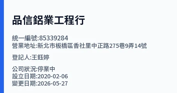 品信鋁業工程行的照片-統編 85339284(新北市) 公司登記資料與營業項目詳細圖表
