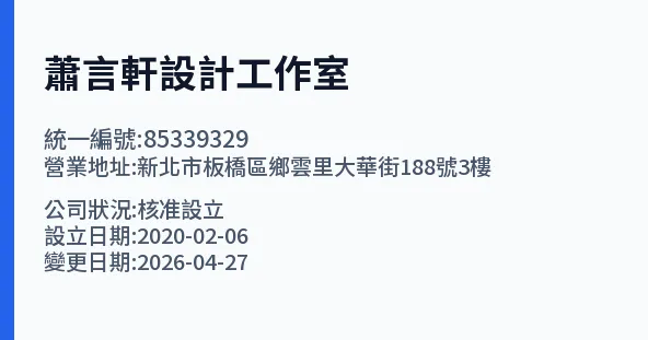 蕭言軒設計工作室的照片-統編 85339329(新北市) 公司登記資料與營業項目詳細圖表
