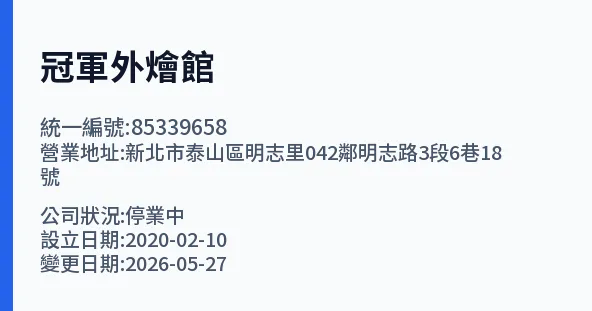 冠軍外燴館的照片-統編 85339658(新北市) 公司登記資料與營業項目詳細圖表