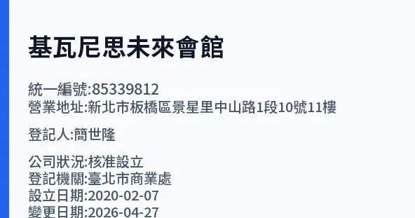 基瓦尼思未來會館的照片-統編 85339812(新北市) 公司登記資料與營業項目詳細圖表