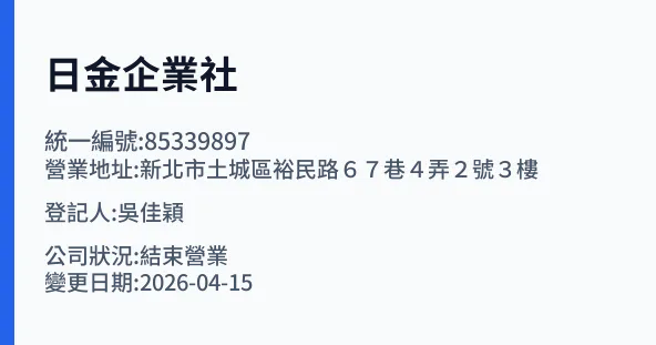 日金企業社的照片-統編 85339897(新北市) 公司登記資料與營業項目詳細圖表