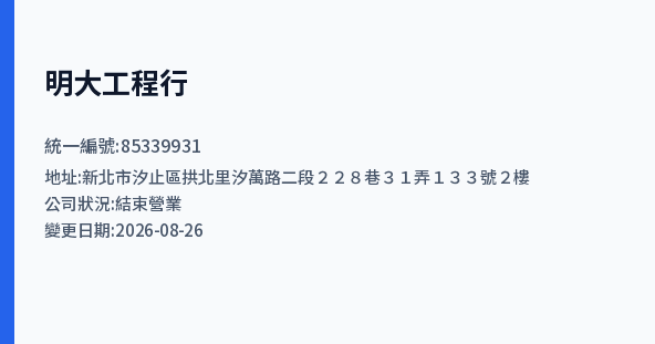 明大工程行的照片-統編 85339931(新北市) 公司登記資料與營業項目詳細圖表