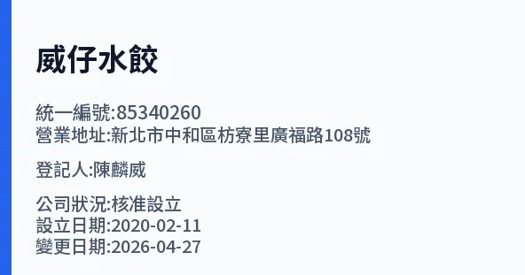 威仔水餃的照片-統編 85340260(新北市) 公司登記資料與營業項目詳細圖表