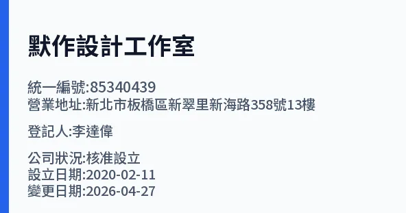 默作設計工作室的照片-統編 85340439(新北市) 公司登記資料與營業項目詳細圖表