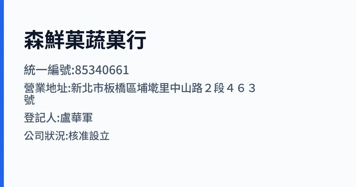 森鮮菓蔬菓行 - 統編 85340661(新北市) 公司登記資料與營業項目詳細圖表