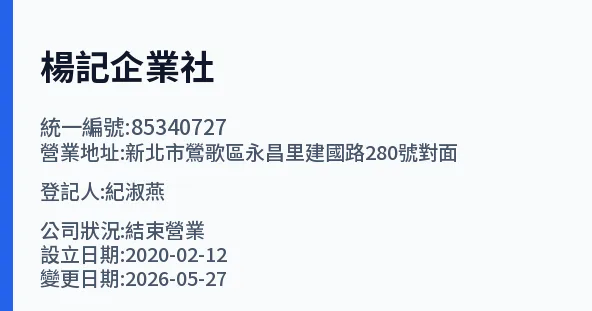 楊記企業社的照片-統編 85340727(新北市) 公司登記資料與營業項目詳細圖表