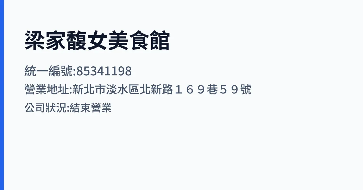 梁家馥女美食館 - 統編 85341198(新北市) 公司登記資料與營業項目詳細圖表