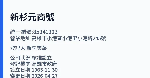新杉元商號的照片-統編 85341303(高雄市) 公司登記資料與營業項目詳細圖表