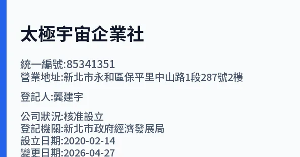 太極宇宙企業社的照片-統編 85341351(新北市) 公司登記資料與營業項目詳細圖表