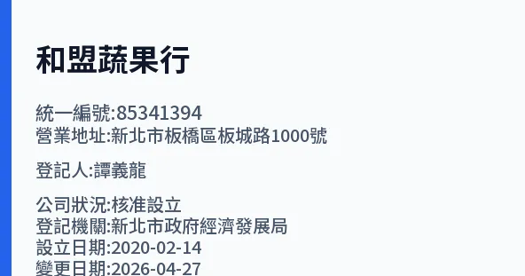 和盟蔬果行的照片-統編 85341394(新北市) 公司登記資料與營業項目詳細圖表