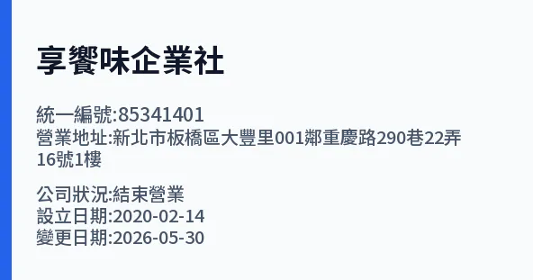 享饗味企業社的照片-統編 85341401(新北市) 公司登記資料與營業項目詳細圖表