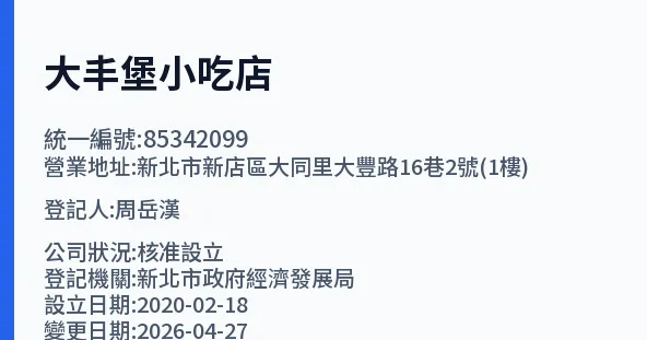 大丰堡小吃店的照片-統編 85342099(新北市) 公司登記資料與營業項目詳細圖表