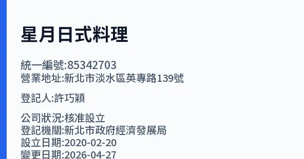 星月日式料理的照片-統編 85342703(新北市) 公司登記資料與營業項目詳細圖表