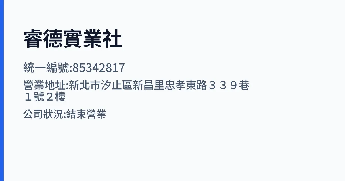睿德實業社 - 統編 85342817(新北市) 公司登記資料與營業項目詳細圖表