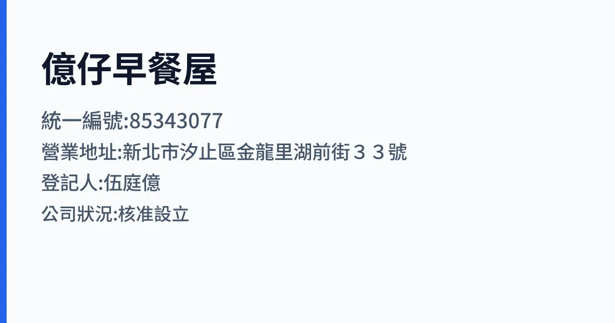 億仔早餐屋 - 統編 85343077(新北市) 公司登記資料與營業項目詳細圖表