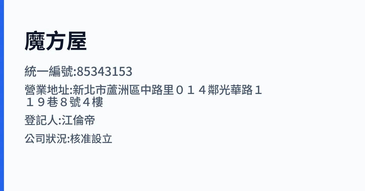 魔方屋 - 統編 85343153(新北市) 公司登記資料與營業項目詳細圖表