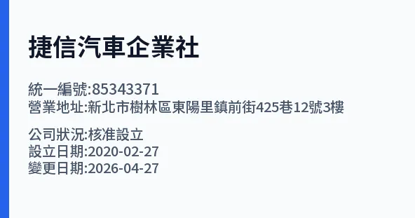 捷信汽車企業社的照片-統編 85343371(新北市) 公司登記資料與營業項目詳細圖表