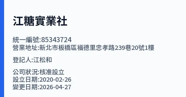江糖實業社的照片-統編 85343724(新北市) 公司登記資料與營業項目詳細圖表