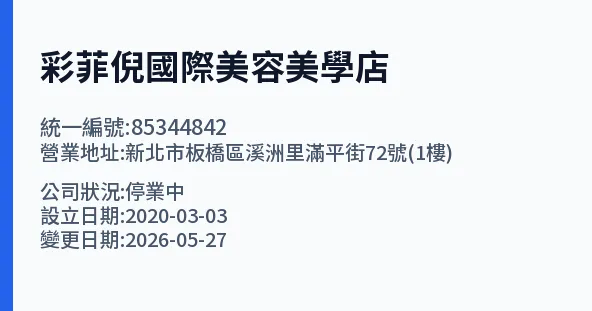 彩菲倪國際美容美學店的照片-統編 85344842(新北市) 公司登記資料與營業項目詳細圖表