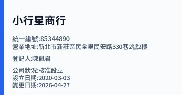 小行星商行的照片-統編 85344890(新北市) 公司登記資料與營業項目詳細圖表