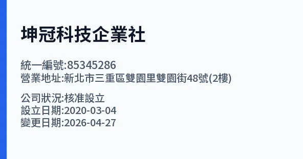 坤冠科技企業社的照片-統編 85345286(新北市) 公司登記資料與營業項目詳細圖表
