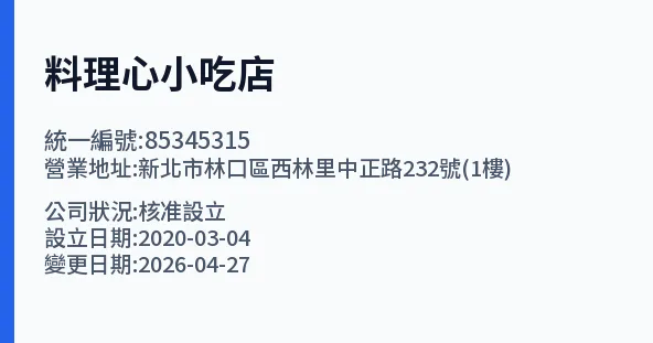 料理心小吃店的照片-統編 85345315(新北市) 公司登記資料與營業項目詳細圖表