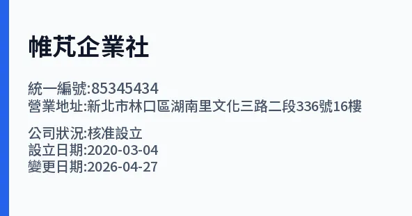 帷芃企業社的照片-統編 85345434(新北市) 公司登記資料與營業項目詳細圖表