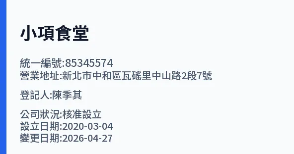 小項食堂的照片-統編 85345574(新北市) 公司登記資料與營業項目詳細圖表