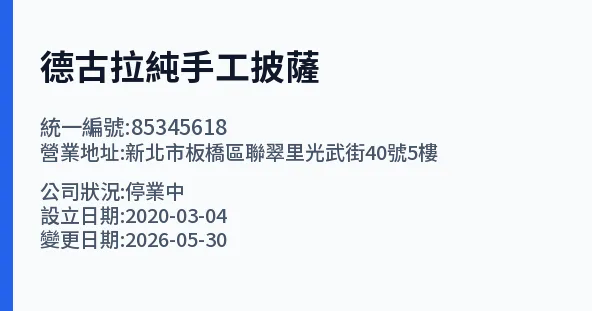 德古拉純手工披薩的照片-統編 85345618(新北市) 公司登記資料與營業項目詳細圖表