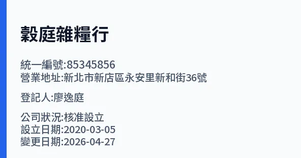 穀庭雜糧行的照片-統編 85345856(新北市) 公司登記資料與營業項目詳細圖表