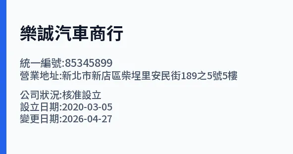 樂誠汽車商行的照片-統編 85345899(新北市) 公司登記資料與營業項目詳細圖表