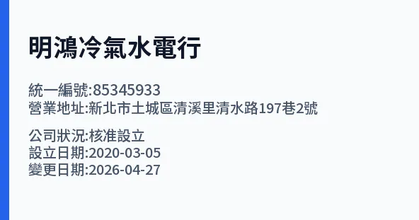 明鴻冷氣水電行的照片-統編 85345933(新北市) 公司登記資料與營業項目詳細圖表
