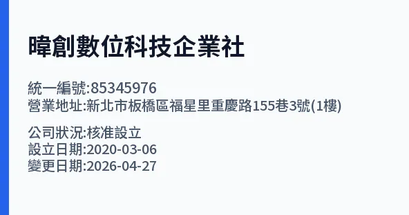 暐創數位科技企業社的照片-統編 85345976(新北市) 公司登記資料與營業項目詳細圖表