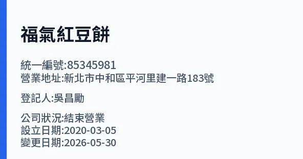 福氣紅豆餅的照片-統編 85345981(新北市) 公司登記資料與營業項目詳細圖表