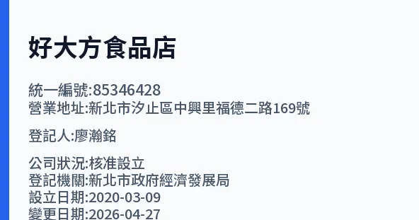好大方食品店的照片-統編 85346428(新北市) 公司登記資料與營業項目詳細圖表