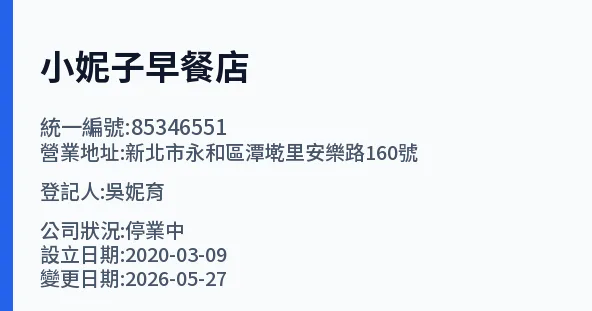 小妮子早餐店的照片-統編 85346551(新北市) 公司登記資料與營業項目詳細圖表