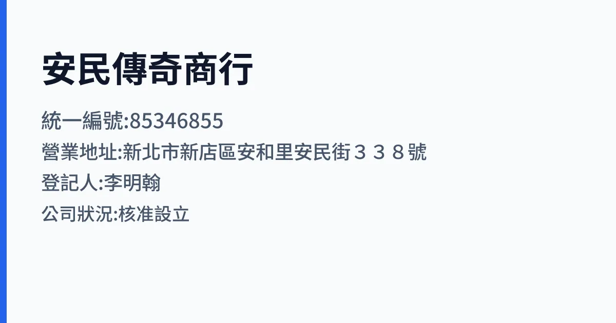 安民傳奇商行 - 統編 85346855(新北市) 公司登記資料與營業項目詳細圖表