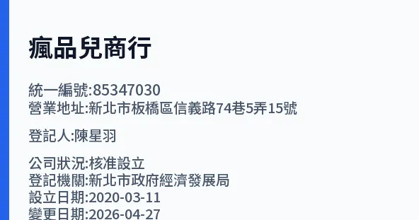 瘋品兒商行的照片-統編 85347030(新北市) 公司登記資料與營業項目詳細圖表
