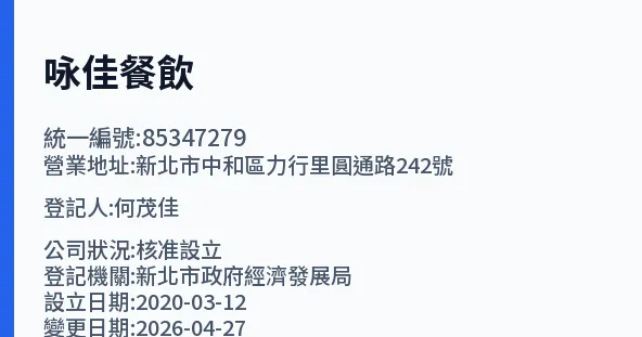 咏佳餐飲的照片-統編 85347279(新北市) 公司登記資料與營業項目詳細圖表