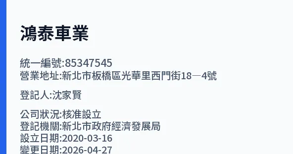 鴻泰車業的照片-統編 85347545(新北市) 公司登記資料與營業項目詳細圖表