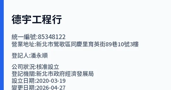 德宇工程行的照片-統編 85348122(新北市) 公司登記資料與營業項目詳細圖表