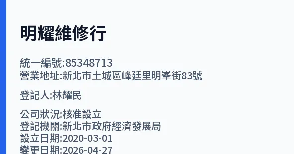 明耀維修行的照片-統編 85348713(新北市) 公司登記資料與營業項目詳細圖表