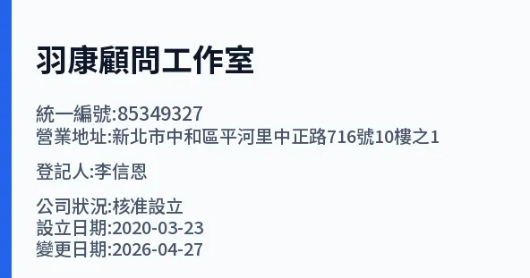 羽康顧問工作室的照片-統編 85349327(新北市) 公司登記資料與營業項目詳細圖表