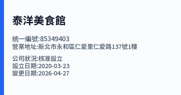 泰洋美食館的照片-統編 85349403(新北市) 公司登記資料與營業項目詳細圖表