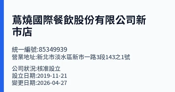蔦燒國際餐飲股份有限公司新市店的照片-統編 85349939(新北市) 公司登記資料與營業項目詳細圖表