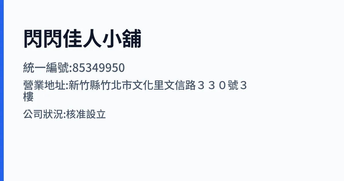 閃閃佳人小舖 - 統編 85349950(新竹縣) 公司登記資料與營業項目詳細圖表