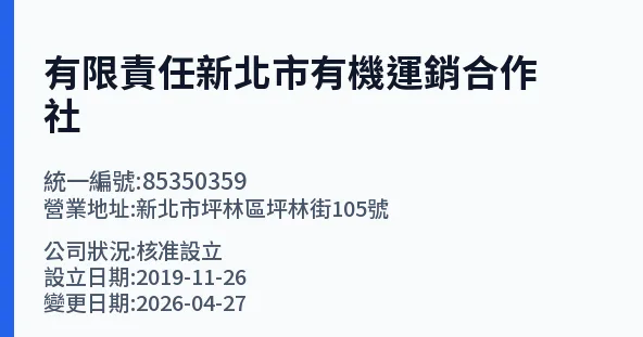 有限責任新北市有機運銷合作社的照片-統編 85350359(新北市) 公司登記資料與營業項目詳細圖表