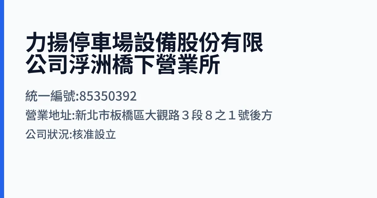力揚停車場設備股份有限公司浮洲橋下營業所 - 統編 85350392(新北市) 公司登記資料與營業項目詳細圖表