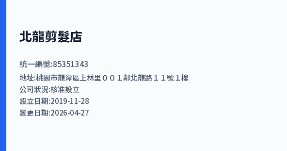 北龍剪髮店的照片-統編 85351343(桃園市) 公司登記資料與營業項目詳細圖表