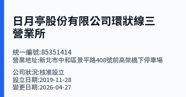 日月亭股份有限公司環狀線三營業所的照片-統編 85351414(新北市) 公司登記資料與營業項目詳細圖表